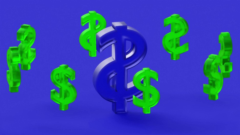 Animated money signs circling around big money sign in front of blue ...