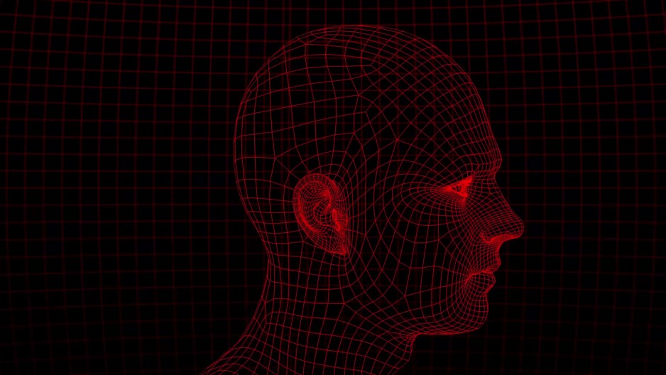 Spinning wireframe human head black and red monitor HUD animation ...