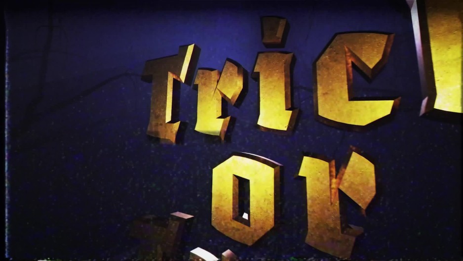 VHS view moving backwards in dark forest as animation of golden Trick ...