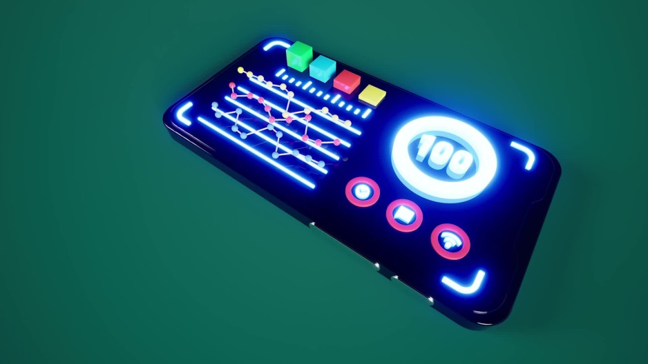 3D animated smartphone animated glowing infographic charts on green ...
