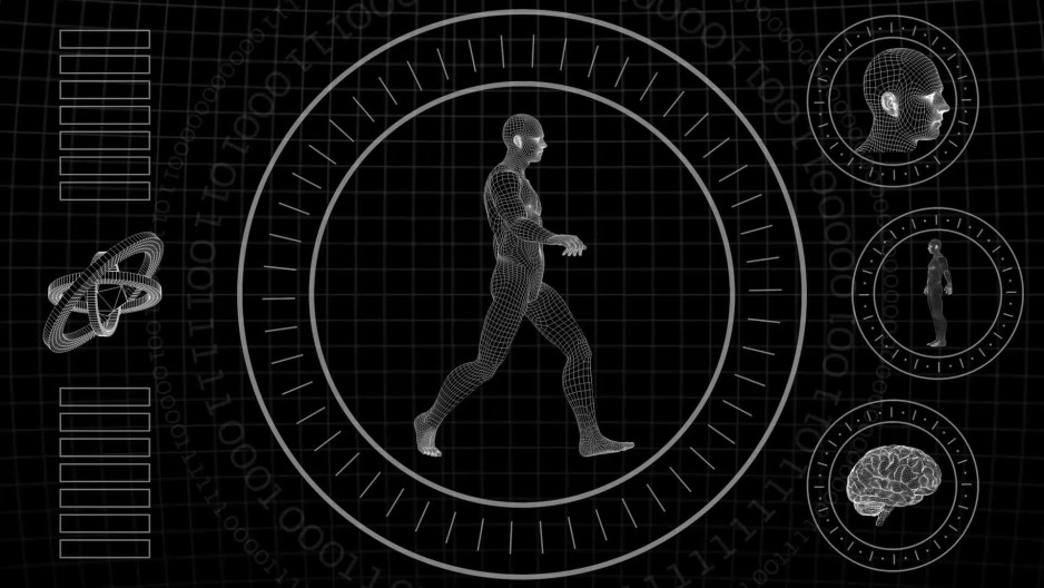 Monitor screen spinning graphical HUD human walking wireframe animation ...