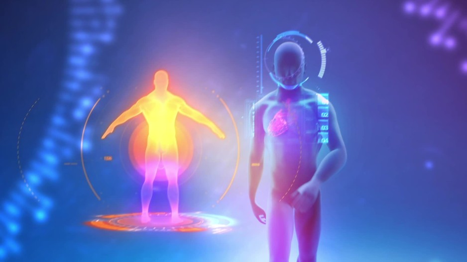 Close up shot of blue 3D man walking behind blue background as body ...