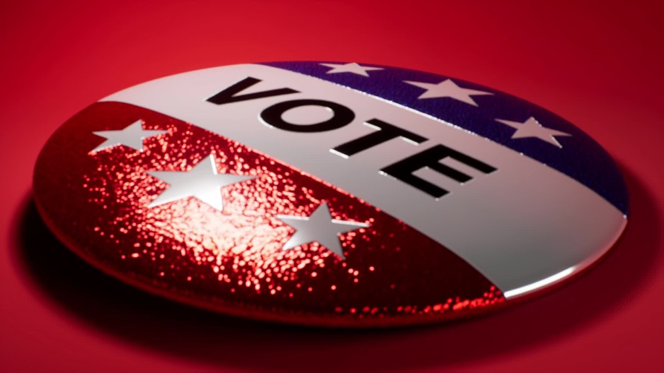 Shiny CGI photorealistic metal vote pin button on red background ...