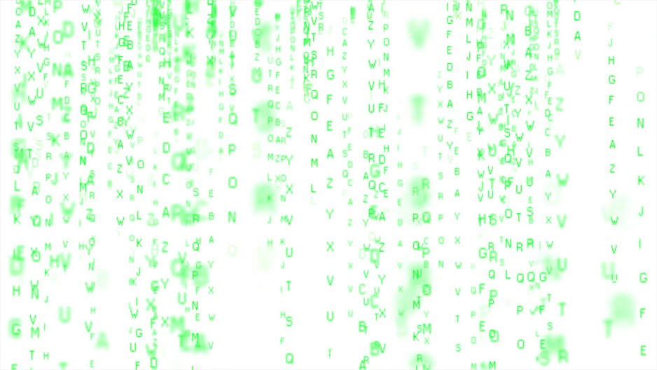 Matrix code falling orbiting around white screen background alphabet ...