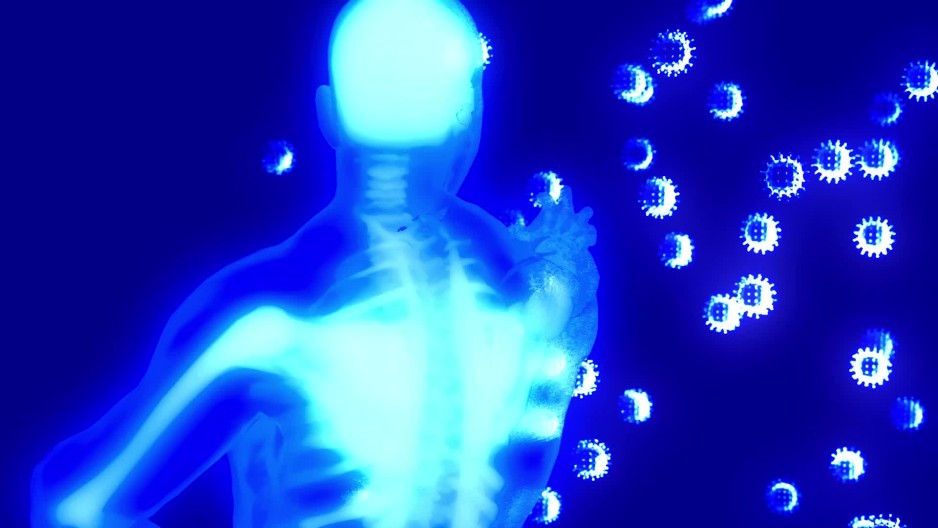 Parallax blue radiation map visual showing male figure stopping germs ...