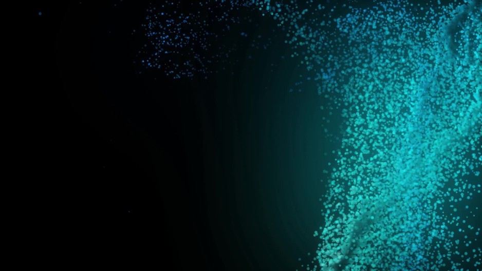 Teal fluid animation particle stream on right on black background ...