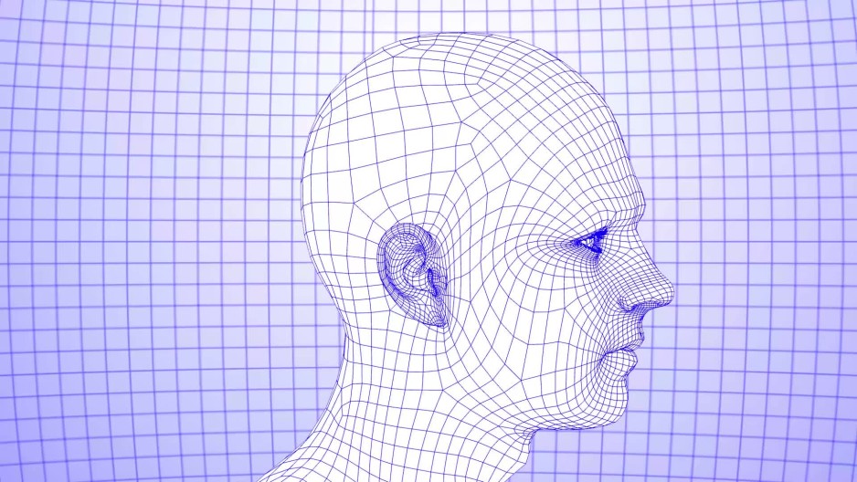Spinning wireframe human head blue and white monitor HUD animation ...