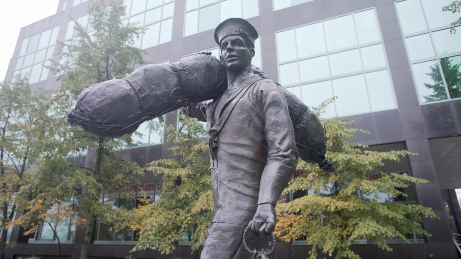 Close up of sailor statue carry big objects | ClipStock