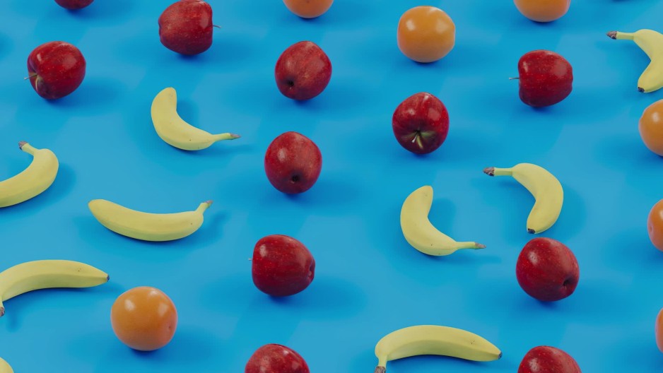 Multiple assorted fruits rotating around stop motion animation style in ...
