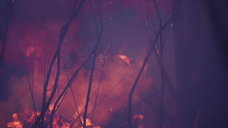 Scary bulky monster surrounded by smoke from flames outside in dark ...