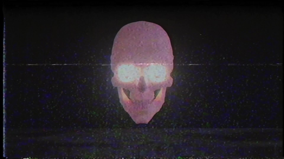 VHS realistic animation of rotating floating skeleton skull glowing ...