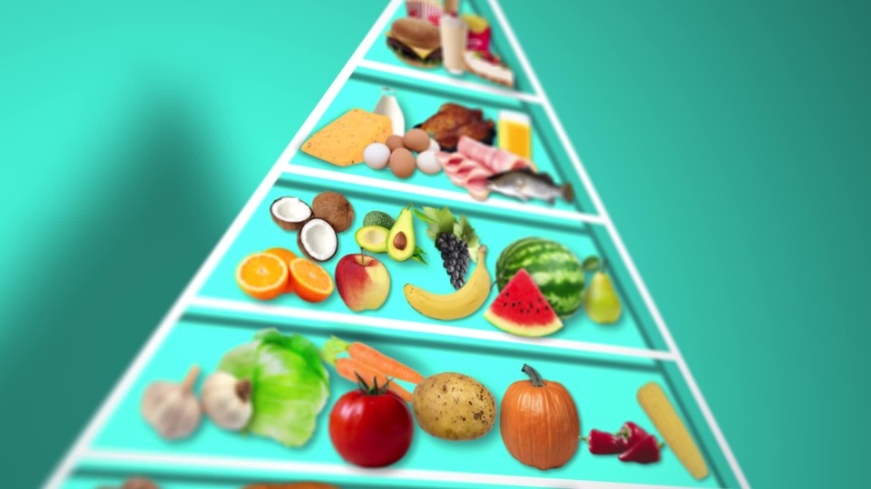 Animation tilting down of teal food pyramid on teal background | ClipStock